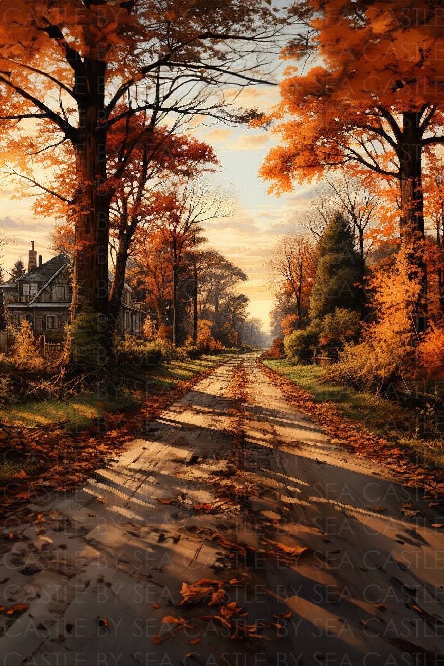 Printable Art - the Golden Path - Fall Foliage Embracing A Dirt Road ...