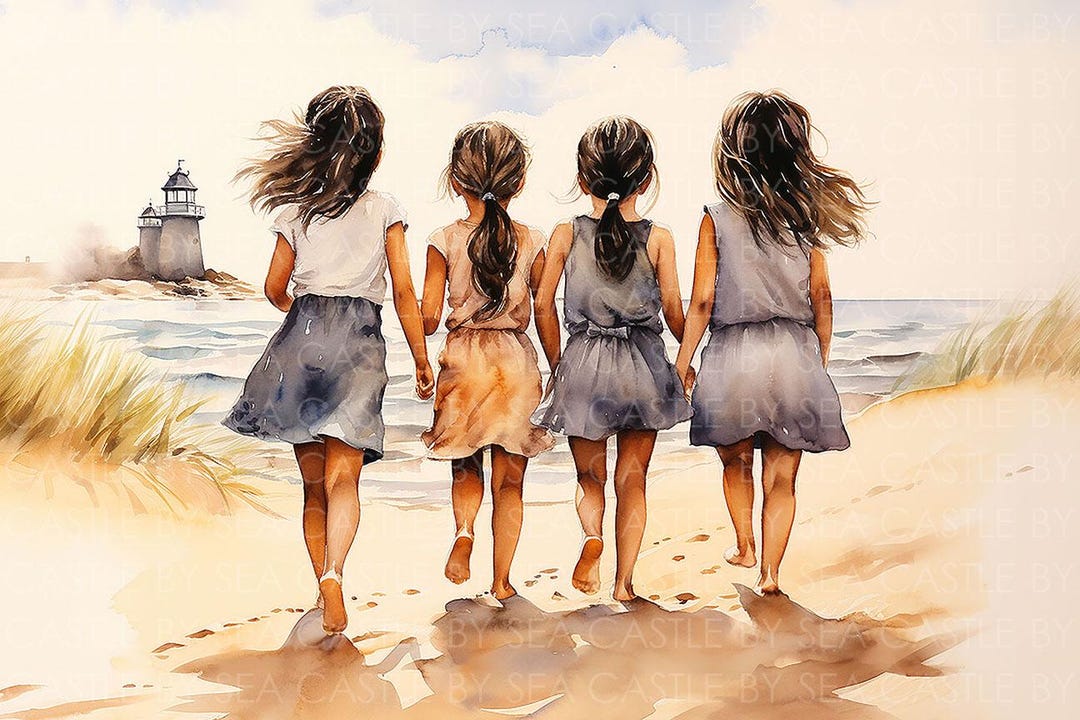 Printable Art - Seashell Sisters - Four Dark-haired Girls Walking ...