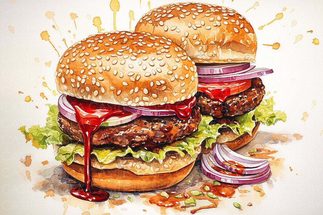 Printable Art - Burger Heaven - Two Delicious Burgers With All the ...
