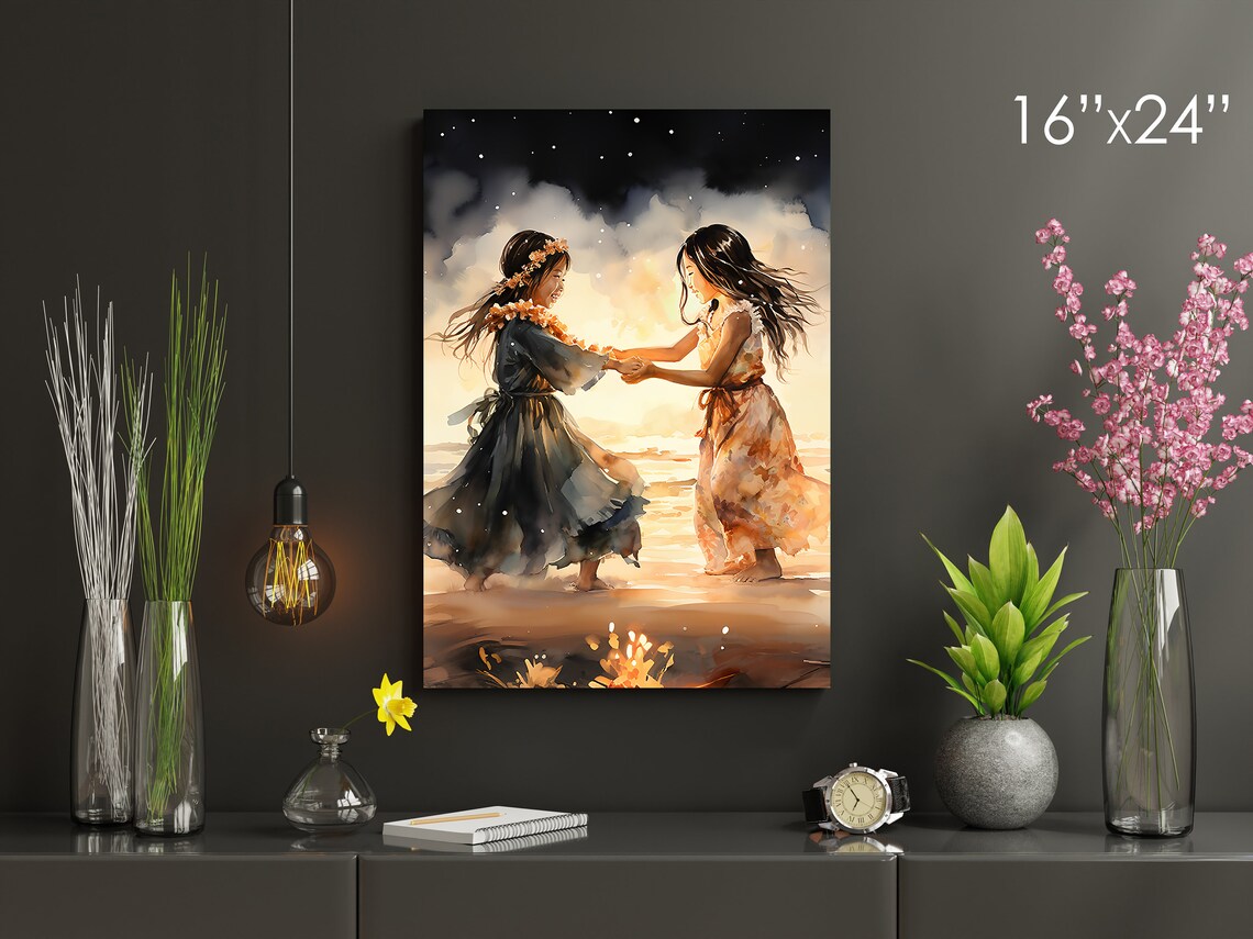 Printable Art - Oceans Dance - Two Hawaiian Girls Dancing by A Bonfire ...