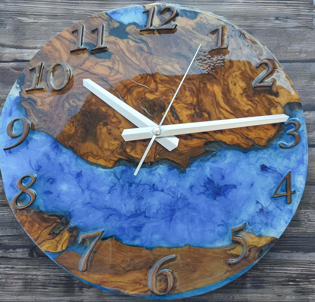 Blue River Epoxy and Wood Wall Clock – Handcrafted Burl Wood Clock ...