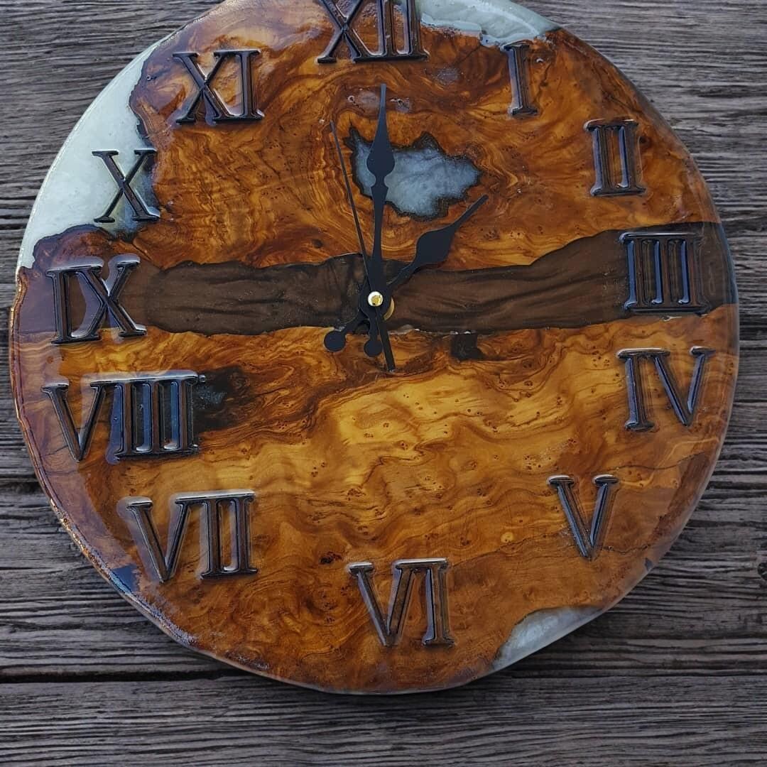 Handcrafted Resin and Burl Wood Wall Clock – Unique Rustic Roman ...