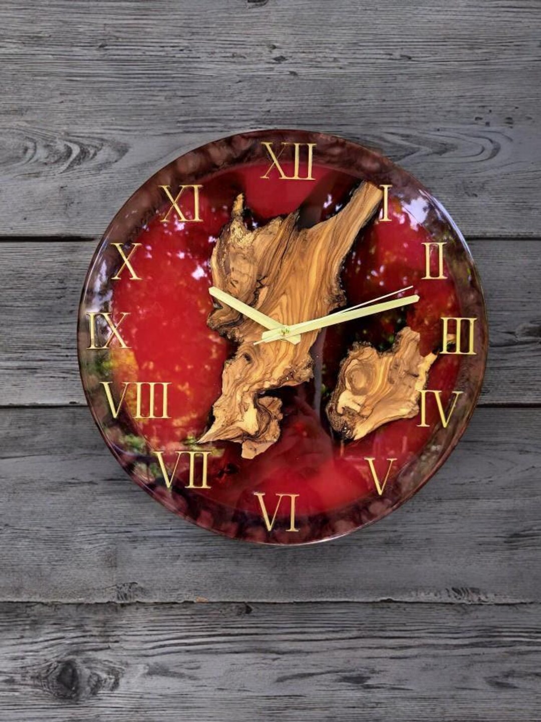 Handcrafted Red Resin and Wood Wall Clock – Unique Roman Numeral Clock ...