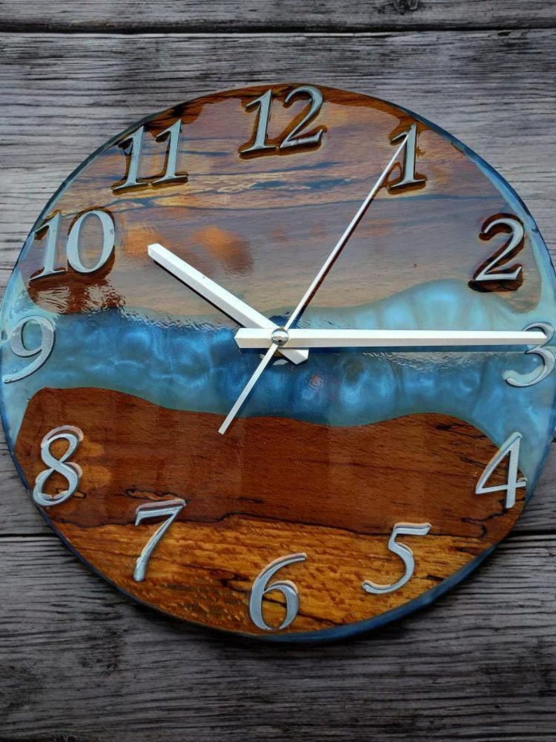 Handmade Blue Epoxy Resin Wood Wall Clock, Modern Rustic Large Round ...