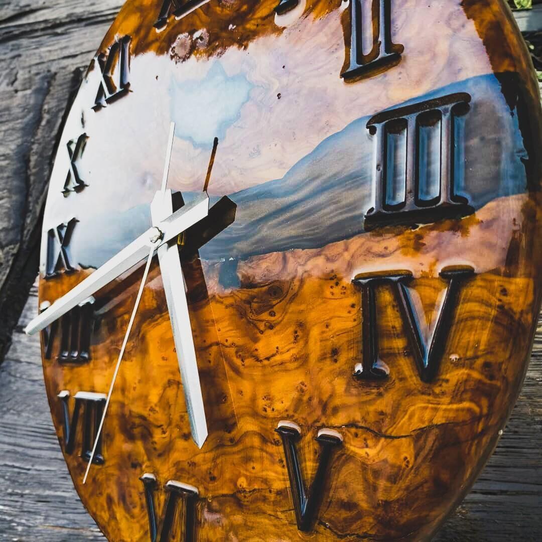 Handcrafted Resin and Burl Wood Wall Clock – Rustic Roman Numeral ...