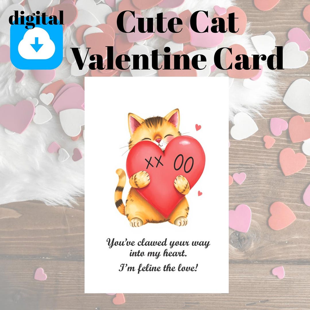 Cute Cat Valentine's Day Card Instant Download Printable Card in 3 ...