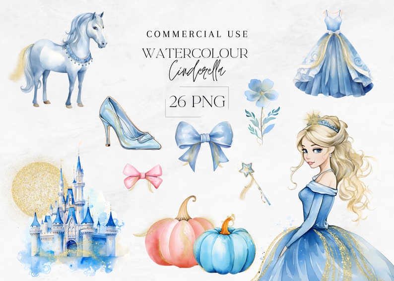 Watercolor Cinderella PNG Clipart Bundle, 22 Watercolor Cinderella ...