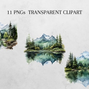 Watercolor Mountain Forest Clipart Bundle, Hills Transparent Watercolor ...