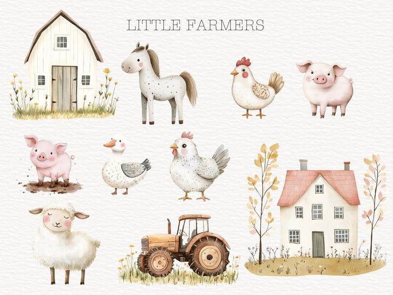Watercolor Farm Animals Clipart Bundle, Cute Farm PNG, Baby Shower ...