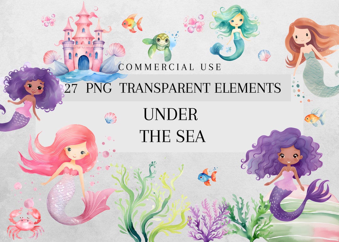 Mermaid Clipart Under the Sea Animals Watercolor Clip Art, Sea Animals ...
