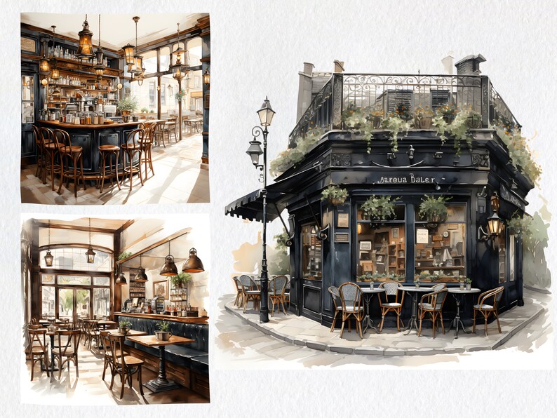 Watercolor Paris Coffee Shop Clipart PNG, Cute Paris Scenes PNG, Coffee ...