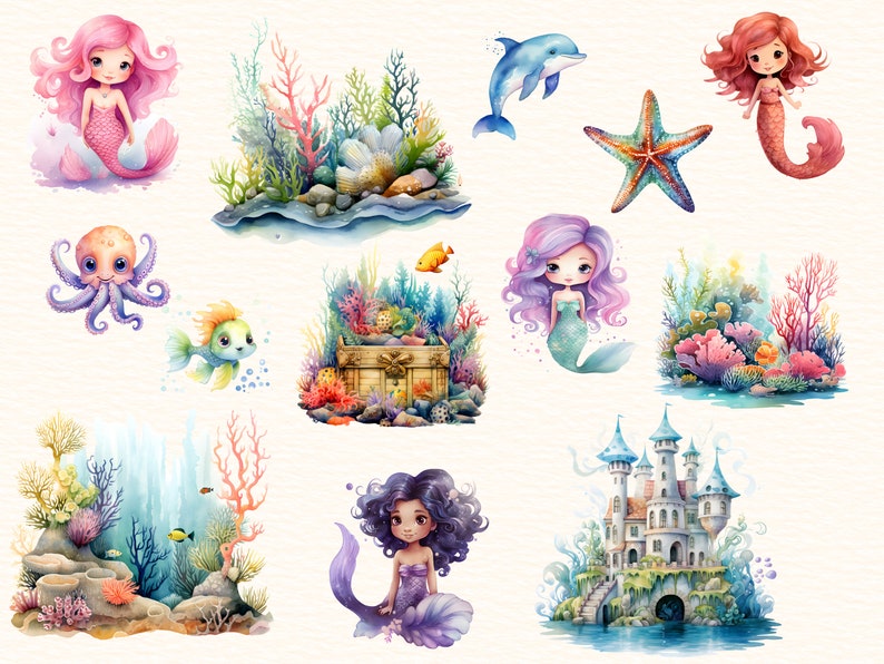 Mermaid Clipart Under the Sea Animals Watercolor Clip Art, Sea Animals ...