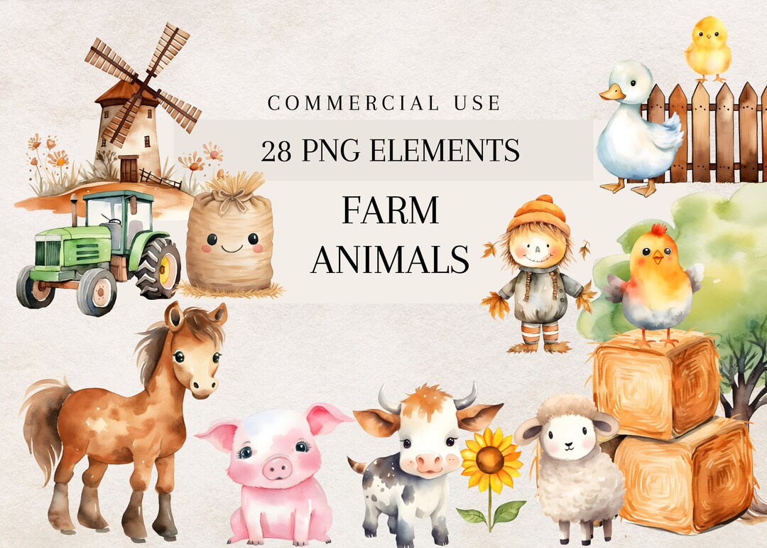 Watercolor Farm Animals Clipart Bundle, Cute Farm PNG, Baby Shower ...