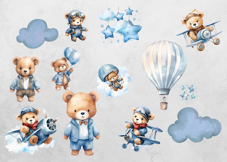 Watercolor Teddy Boy Bear Clip Art Clipart Bundle, Baby Shower Clipart ...