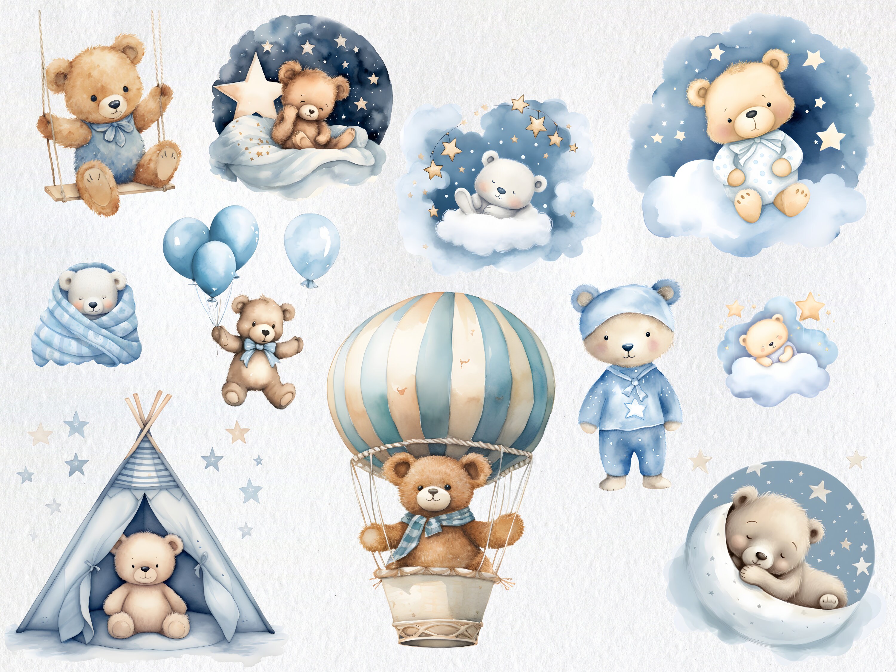 Watercolor Blue Teddy Bear Clipart Bundle, Sleepy Cute Boy Bear Baby ...