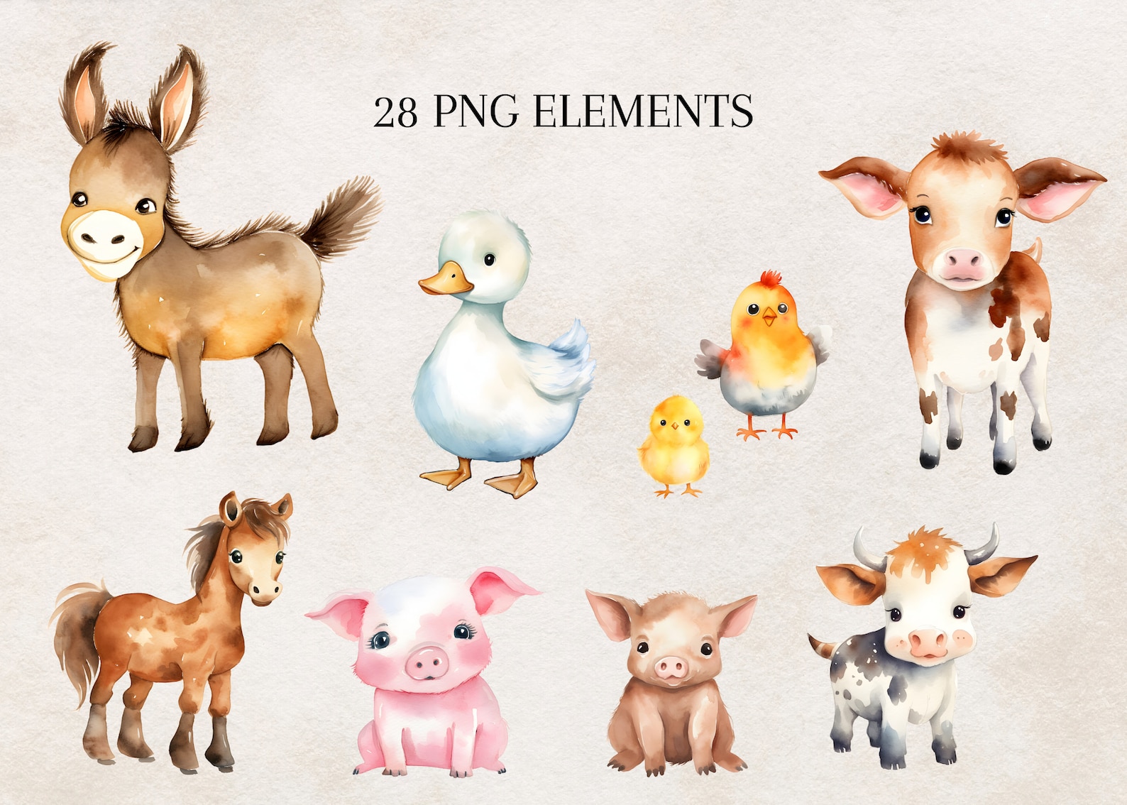 Watercolor Farm Animals Clipart Bundle, Cute Farm PNG, Baby Shower ...