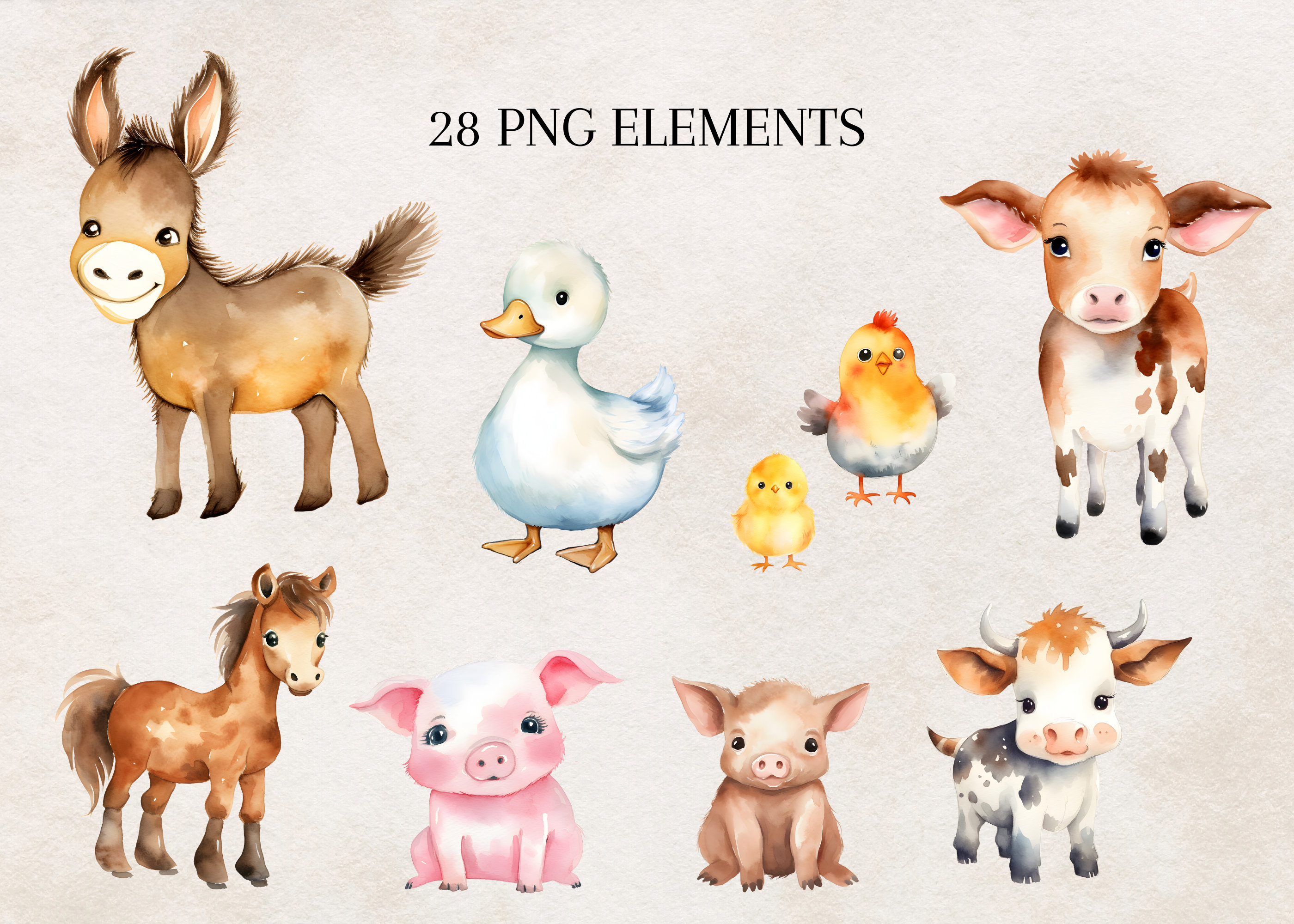 Watercolor Farm Animals Clipart Bundle, Cute Farm PNG, Baby Shower ...