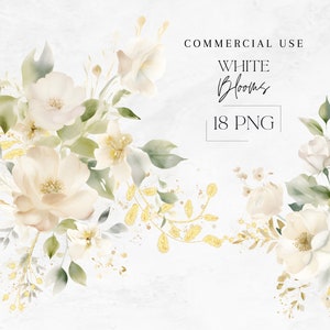 Watercolor White and Gold Floral Clipart PNG, Flower Arrangements ...