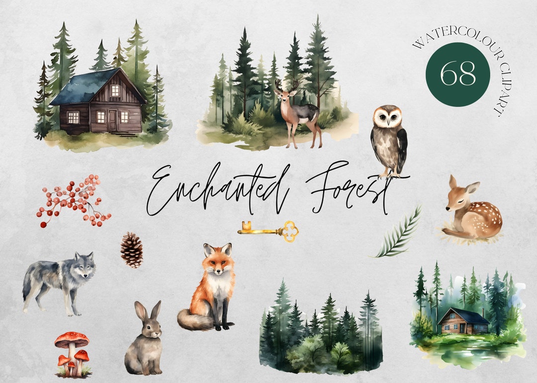 Watercolor Enchanted Forest Clipart Bundle, Forest Animals, Greenary ...