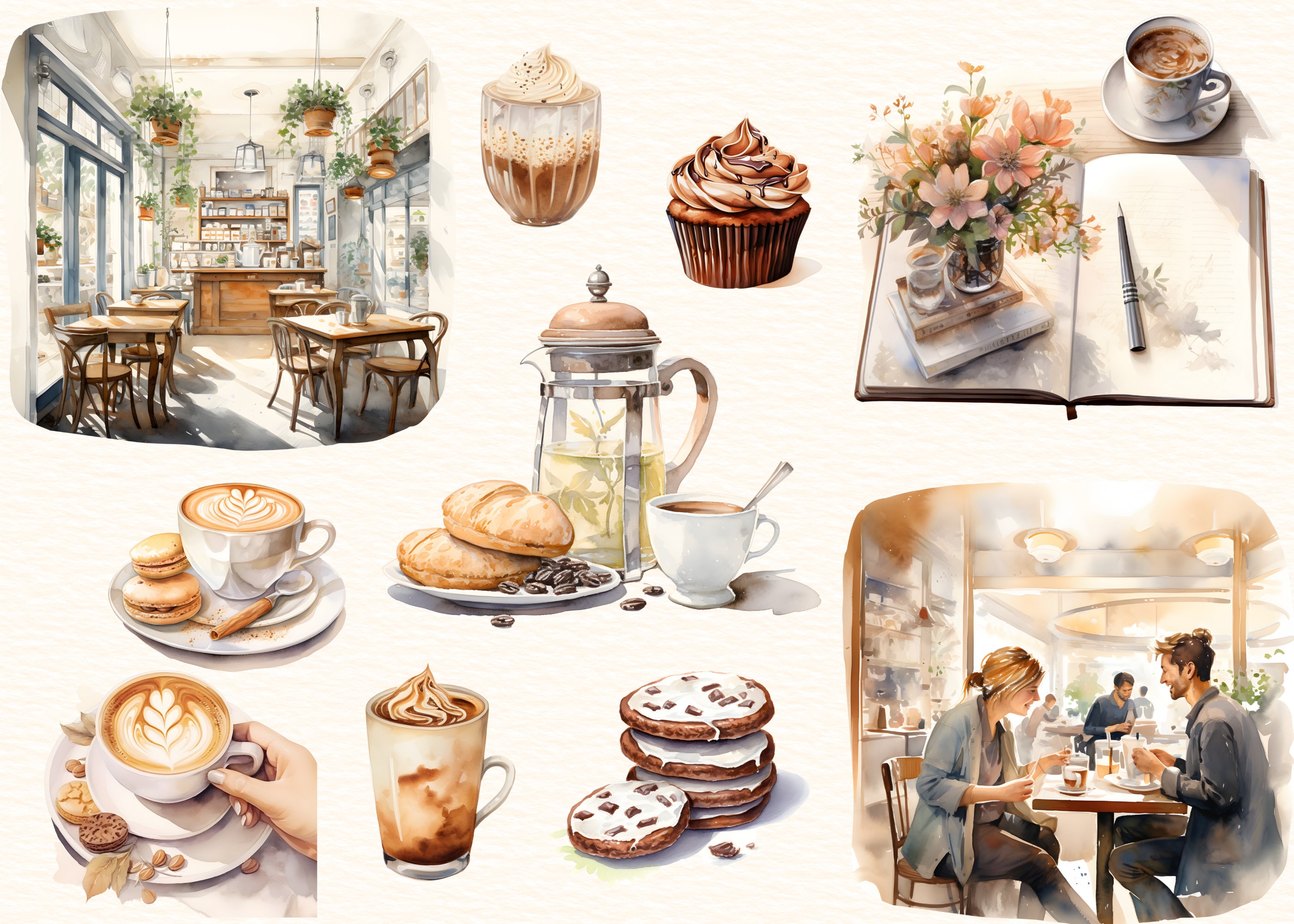 Watercolor Coffee Clipart Bundle PNG, Coffee Shop Clipart PNG, Iced ...