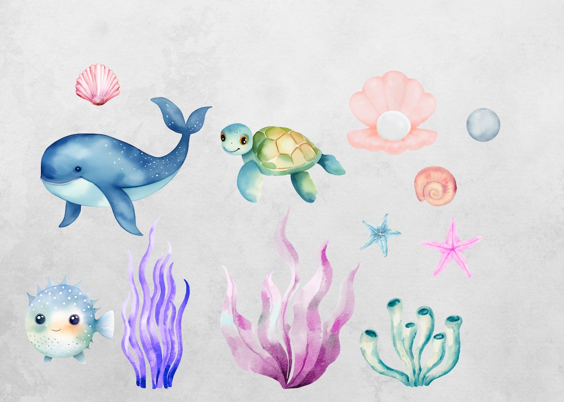 Cute Under the Sea Animals Watercolor Clip Art Bundle, Sea Animals ...