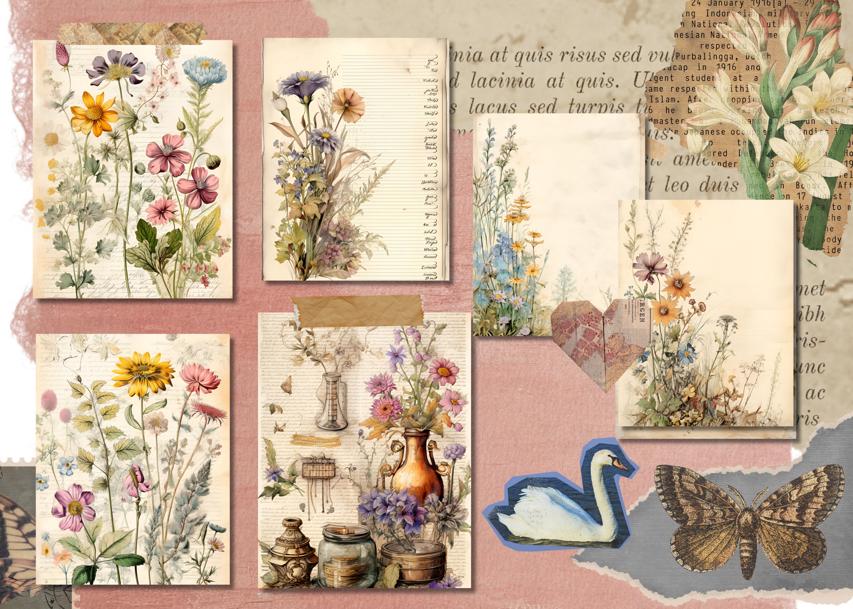 Vintage Floral Journal Pages Printable, Flower Scrapbook Pages, Vintage ...