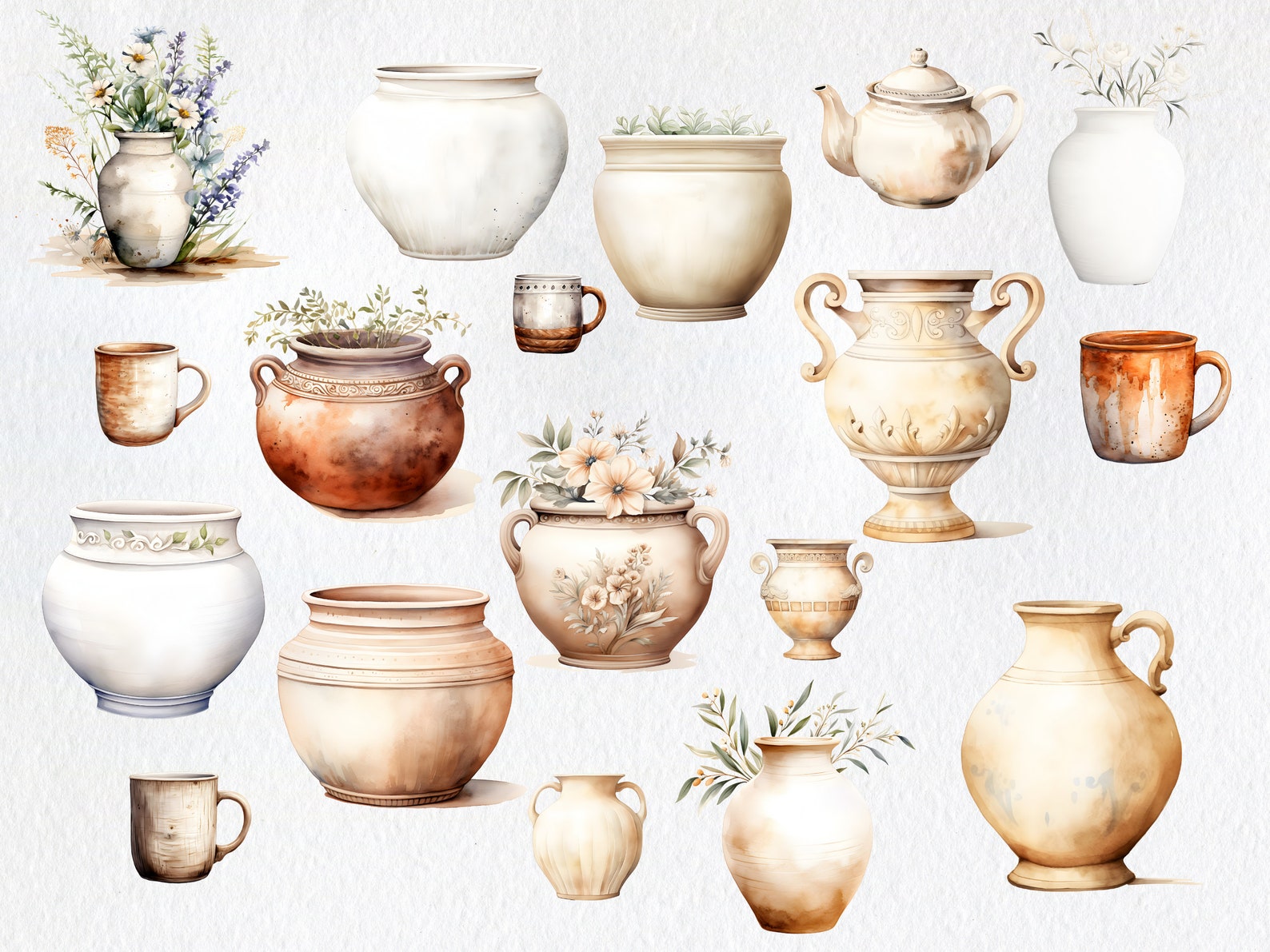 Watercolor Pottery Clipart Bundle, Clay Sculpting, Ceramic Vases Pots ...
