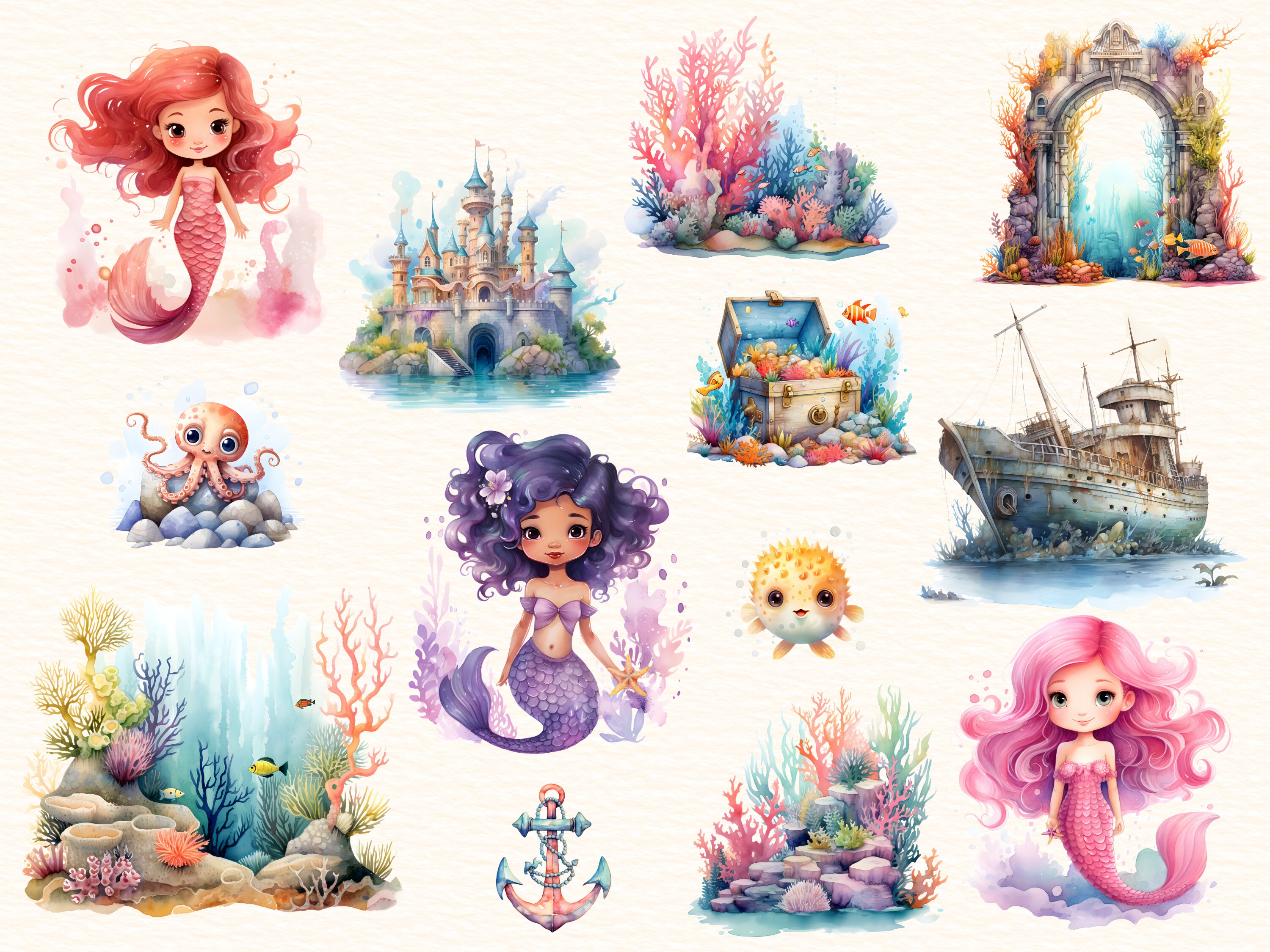Mermaid Clipart Under the Sea Animals Watercolor Clip Art, Sea Animals ...