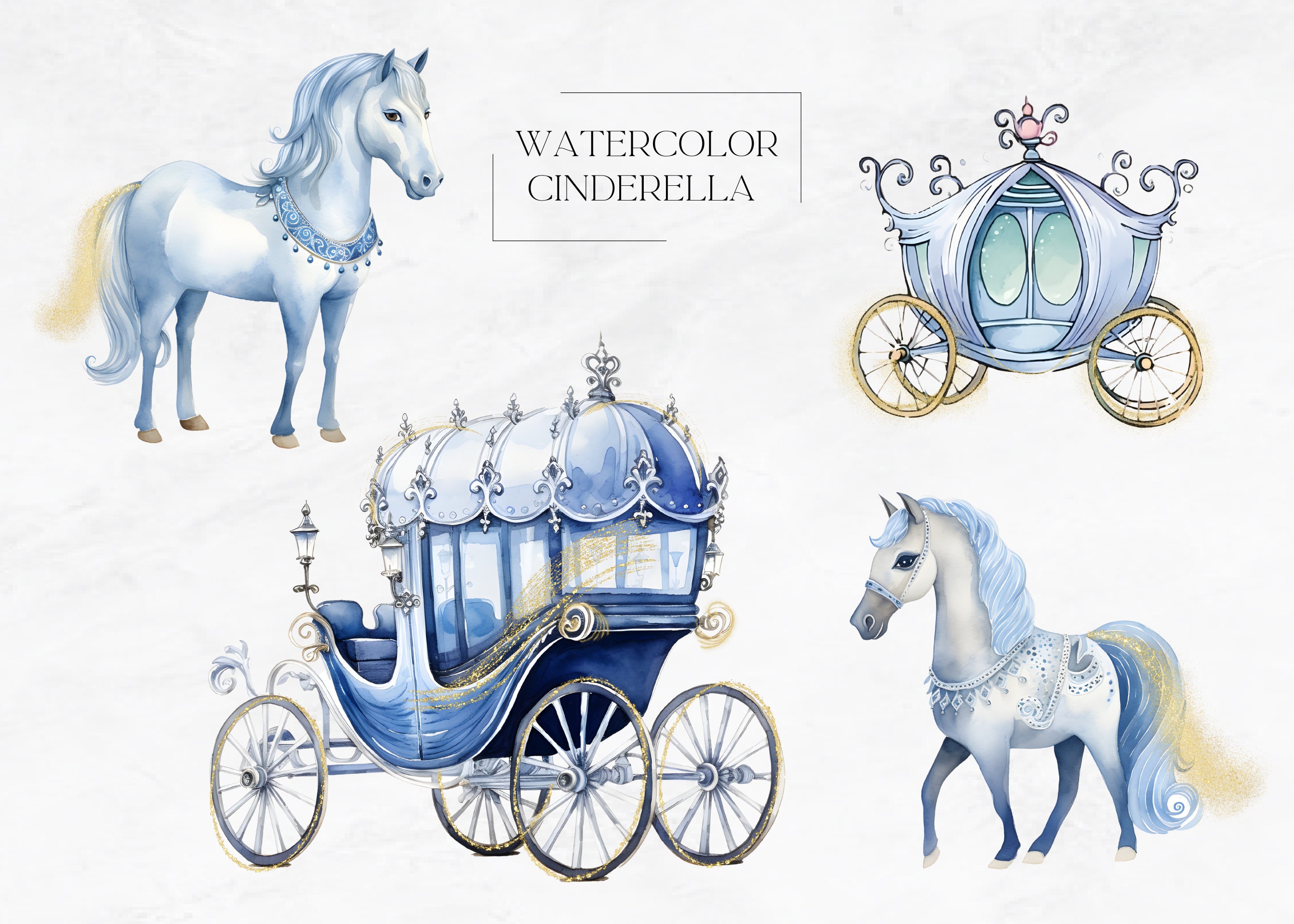 Watercolor Cinderella PNG Clipart Bundle, 22 Watercolor Cinderella ...