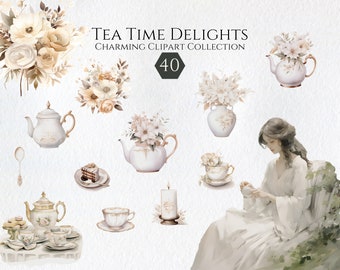 Watercolor Tea Party Clipart, Tea Set Clipart, Tea Time Clipart, Teacup ...