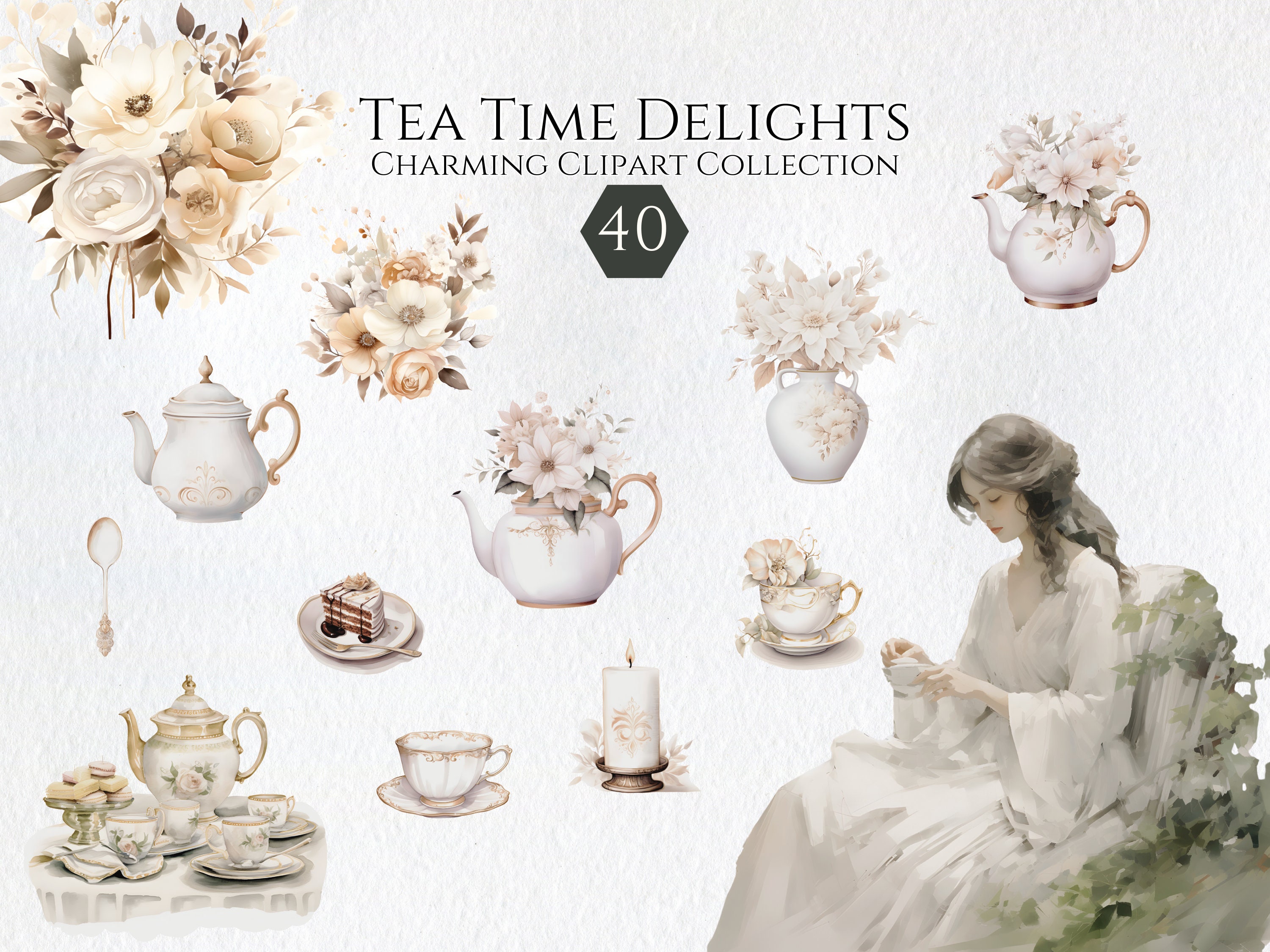 Watercolor Tea Party Clipart, Tea Set Clipart, Tea Time Clipart, Teacup ...