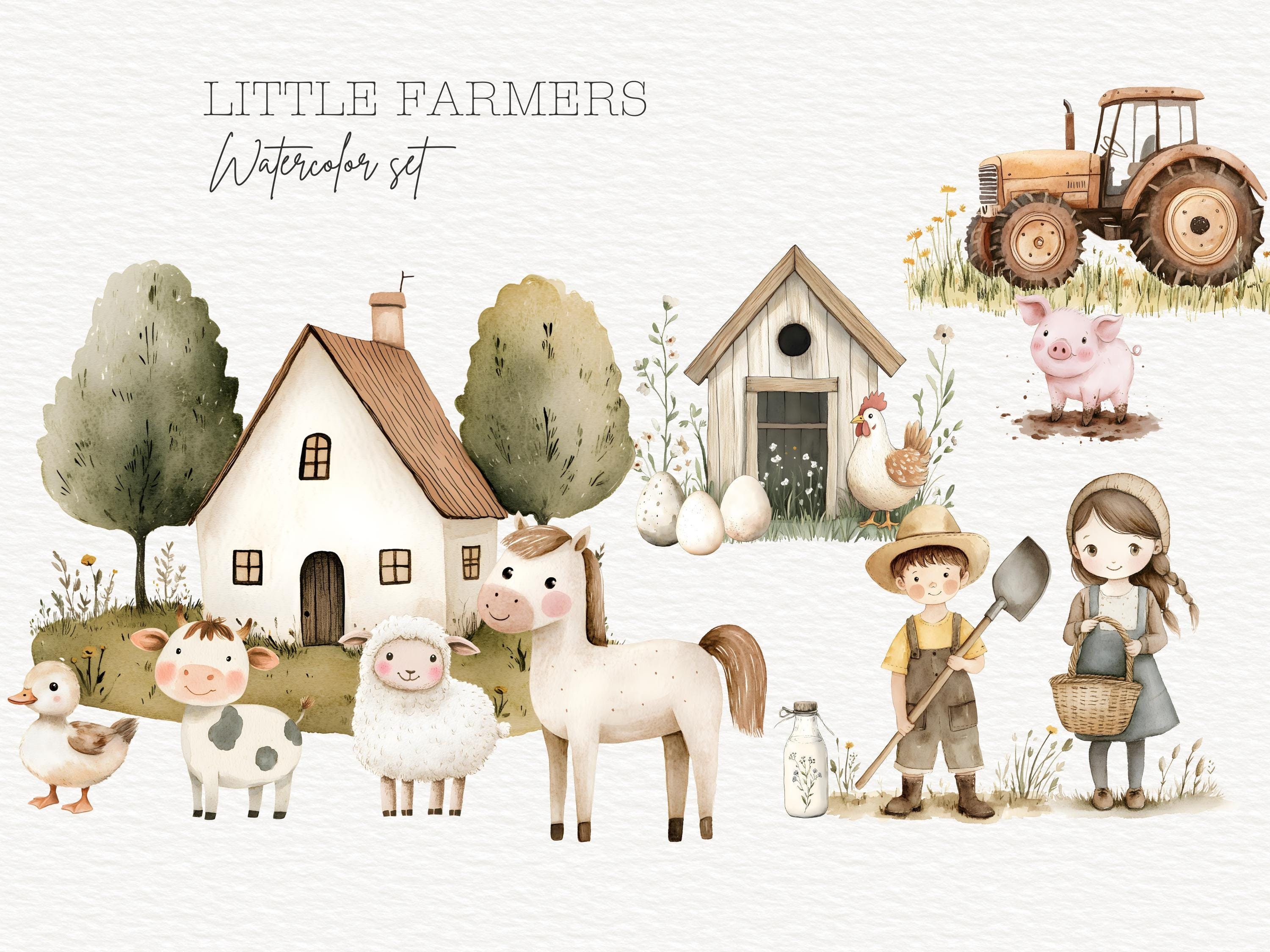 Watercolor Farm Animals Clipart Bundle, Cute Farm PNG, Baby Shower ...