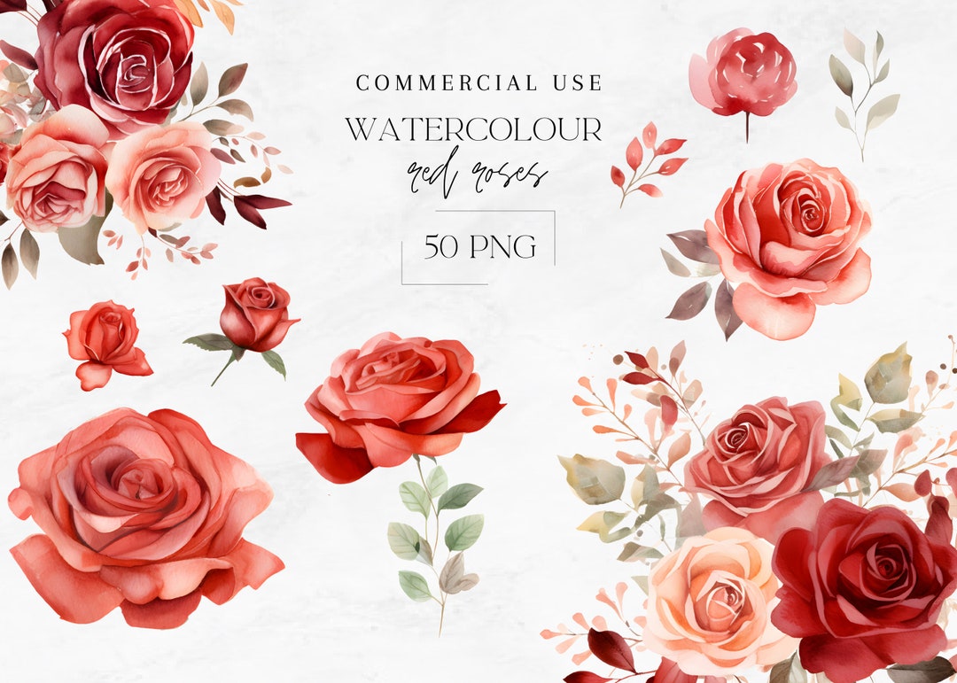 Watercolor Red Roses, Floral Clipart Bundle, Watercolor Floral Clipart ...