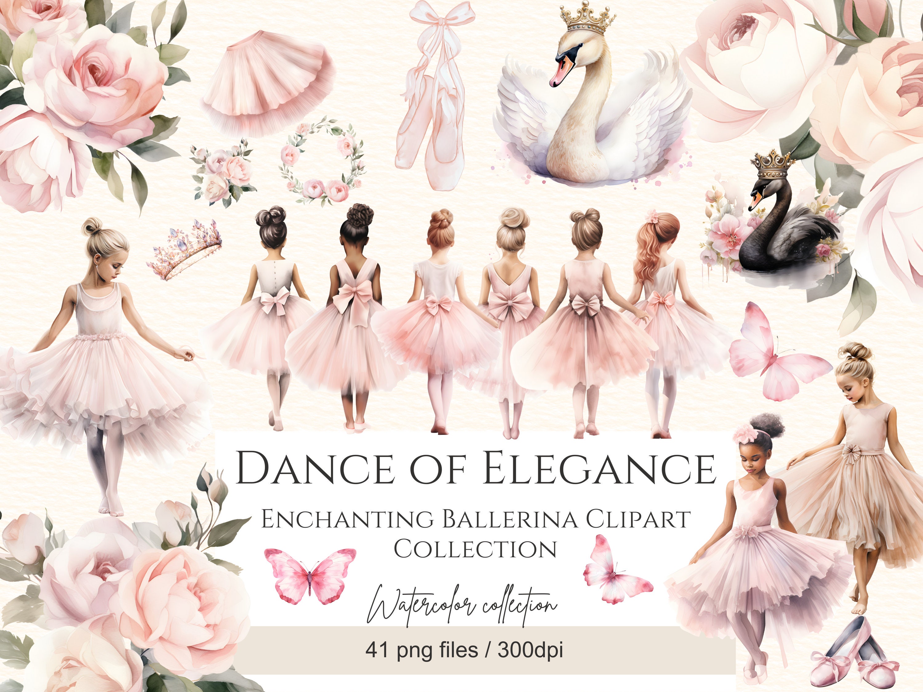 Watercolor Ballerina Clipart Bundle, Cute Ballerinas Swan Butterflies ...