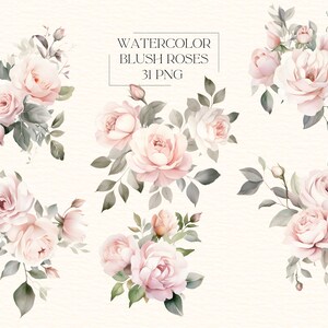 Watercolour Blush Roses Floral Clipart Bundle, Dusty Roses Bouquets ...