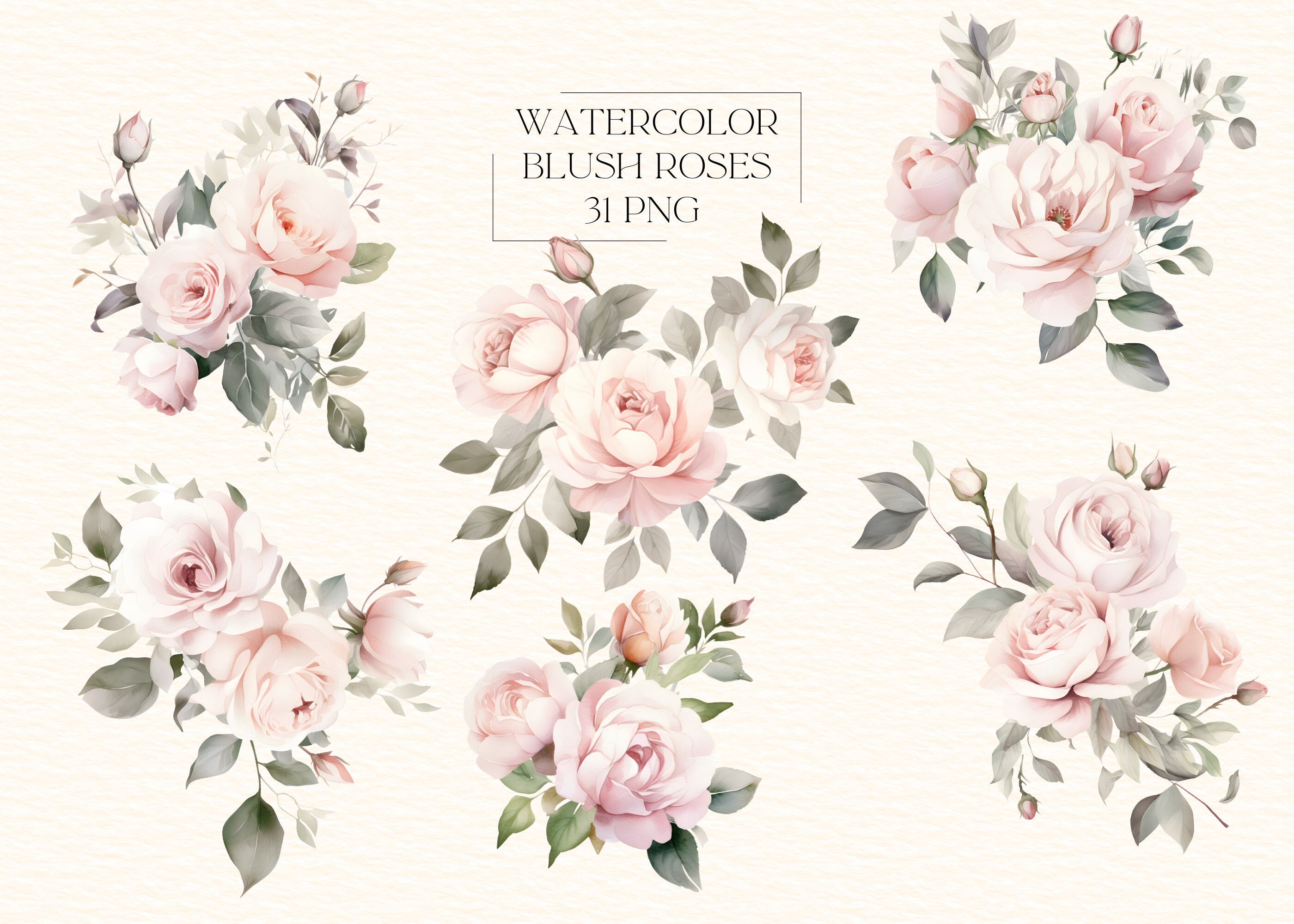 Watercolour Blush Roses Floral Clipart Bundle, Dusty Roses Bouquets ...