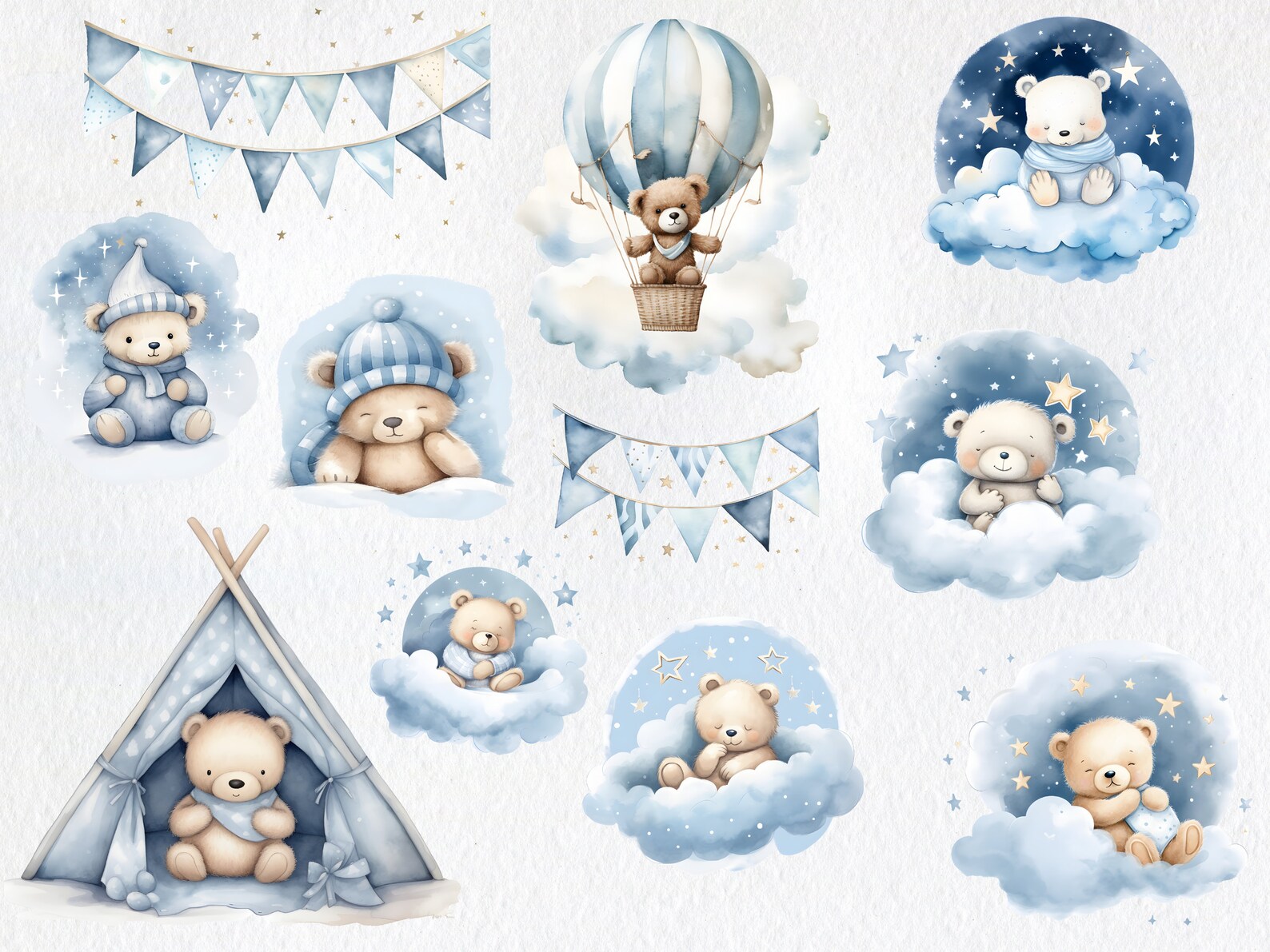 Watercolor Blue Teddy Bear Clipart Bundle, Sleepy Cute Boy Bear Baby ...