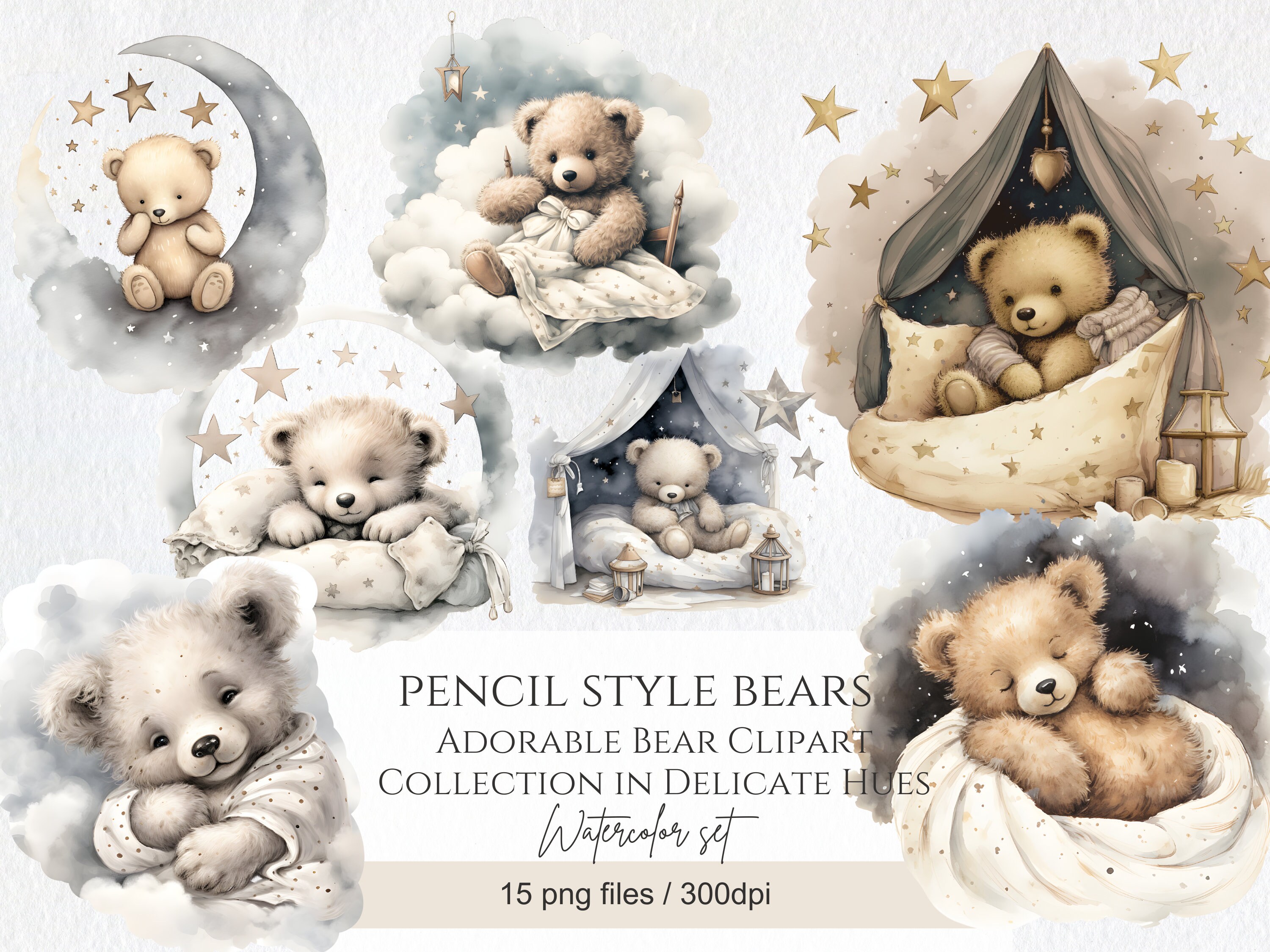 Watercolor Teddy Bear Clip Art Clipart Bundle, Baby Shower Clipart ...