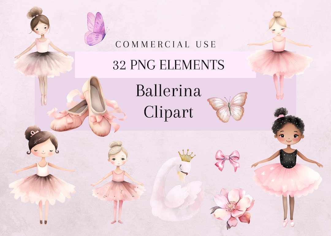 Watercolor Ballerina Clipart Bundle, Cute Ballerinas- Swan- Butterflies ...