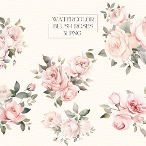 Watercolour Blush Roses Floral Clipart Bundle, Dusty Roses Bouquets ...