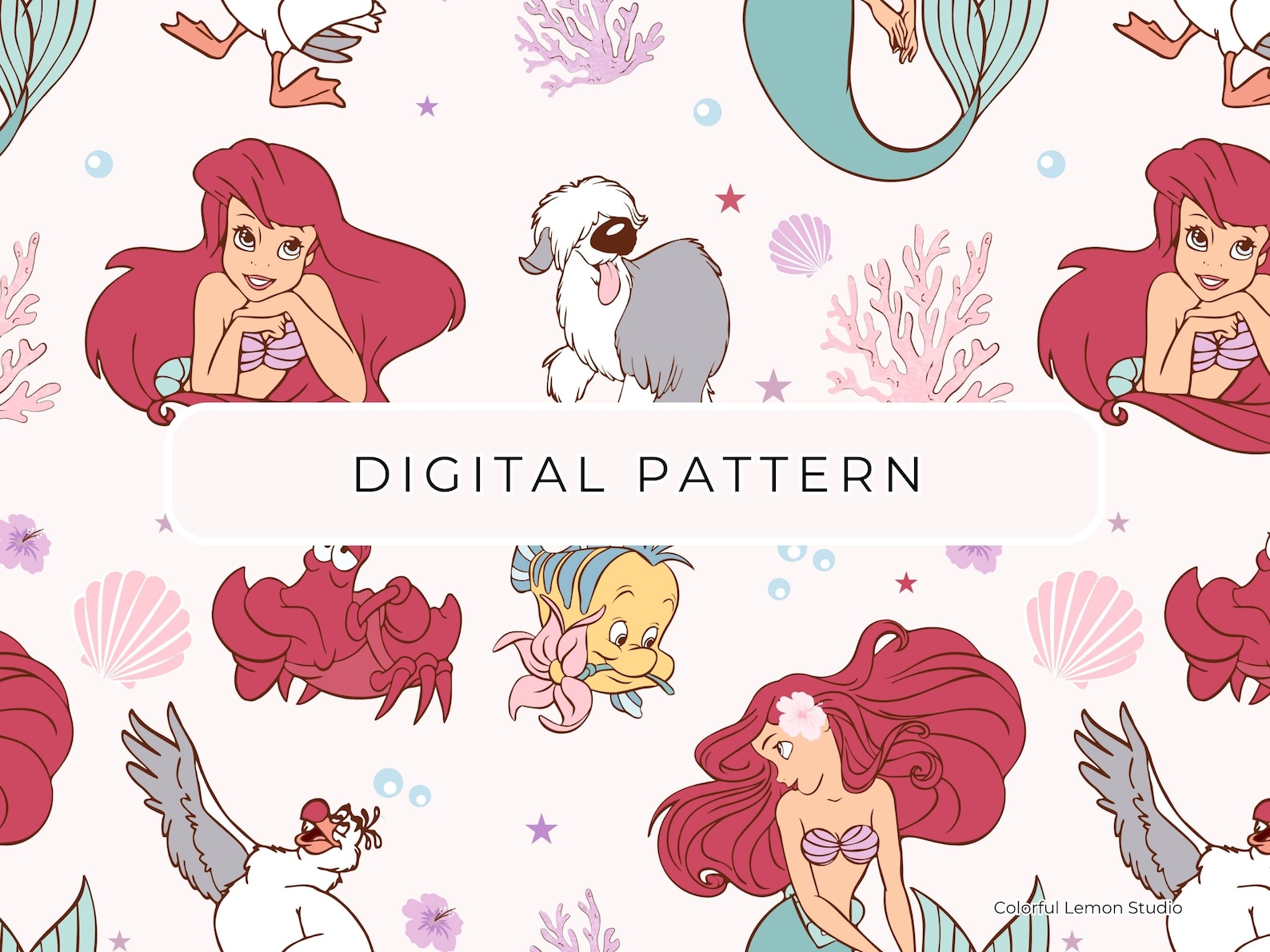 Ariel Mermaid Digital Paper Pattern Theme, Summer Seashell Starfish ...