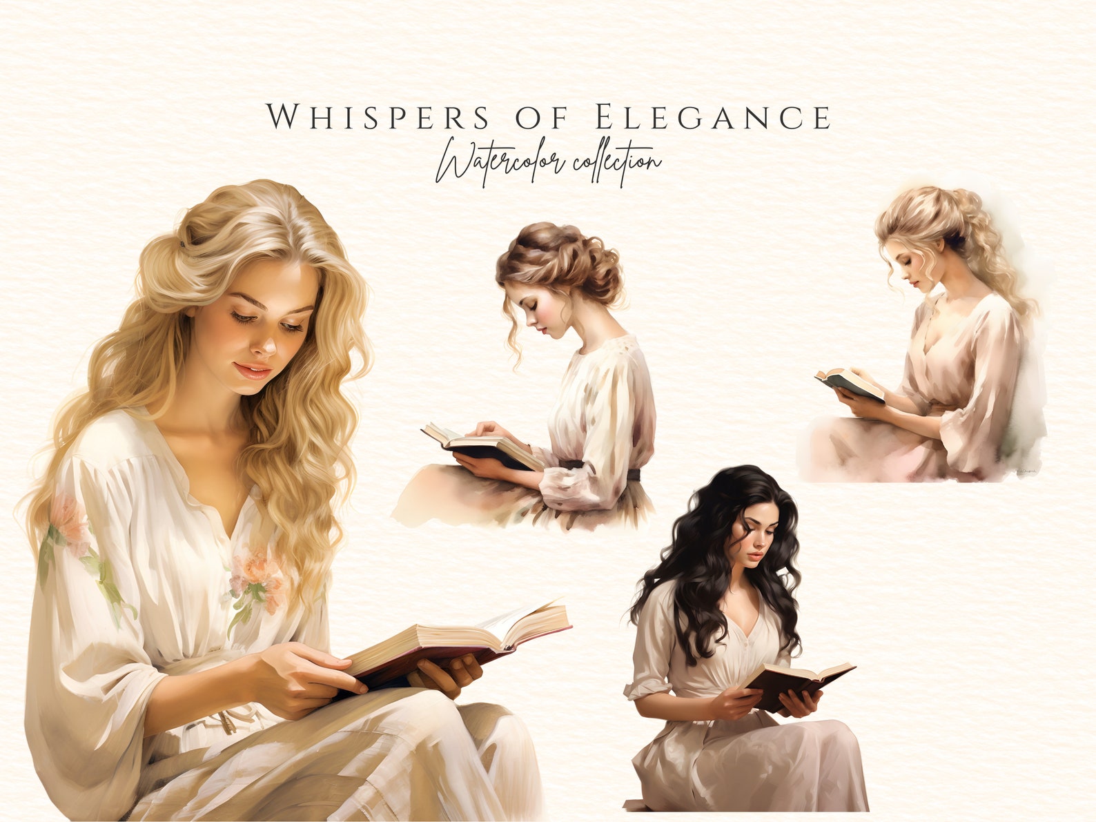 Watercolor Beautiful Vintage Woman Book Lover Portrait Clipart PNG ...
