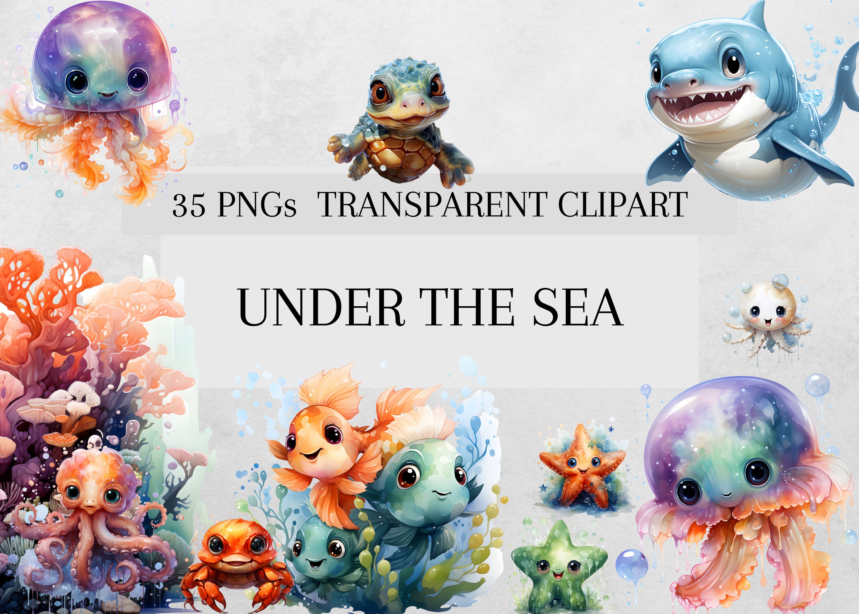 Cute Under the Sea Animals Watercolor Clip Art Bundle, Sea Animals ...