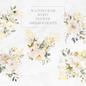 Watercolor White and Gold Floral Clipart PNG, Flower Arrangements ...