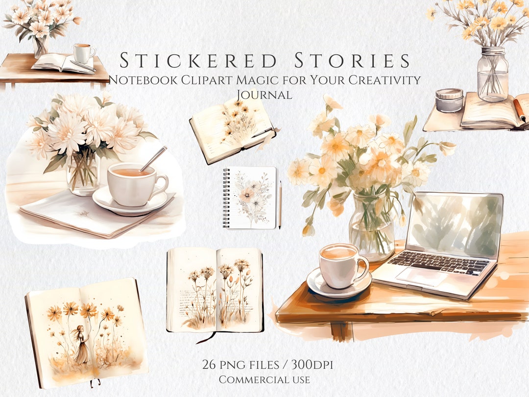 Watercolour Notebook Lover Clipart Bundle, Planner Clip Art, Sticker ...