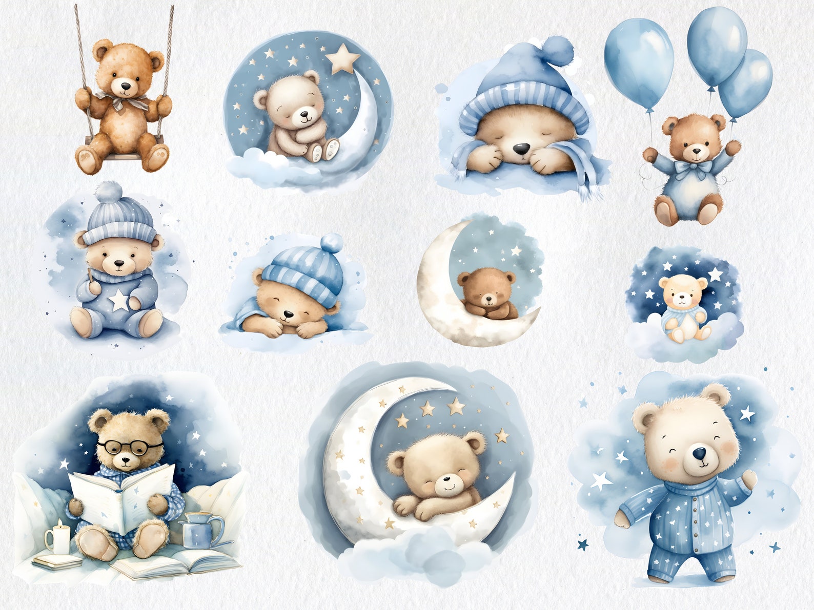 Watercolor Blue Teddy Bear Clipart Bundle, Sleepy Cute Boy Bear Baby ...