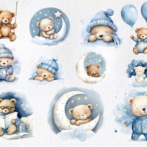 Watercolor Blue Teddy Bear Clipart Bundle, Sleepy Cute Boy Bear Baby ...