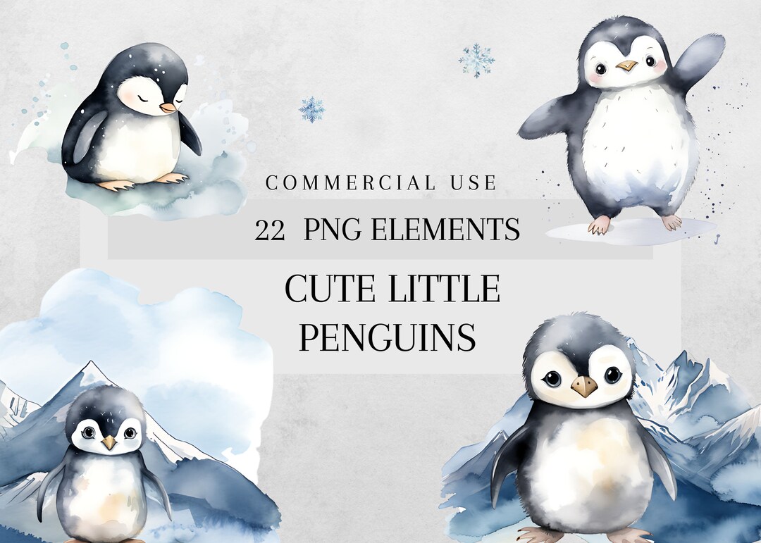Watercolor Cute Penguin PNG Clipart, Mountains Snowflakes Clipart for ...