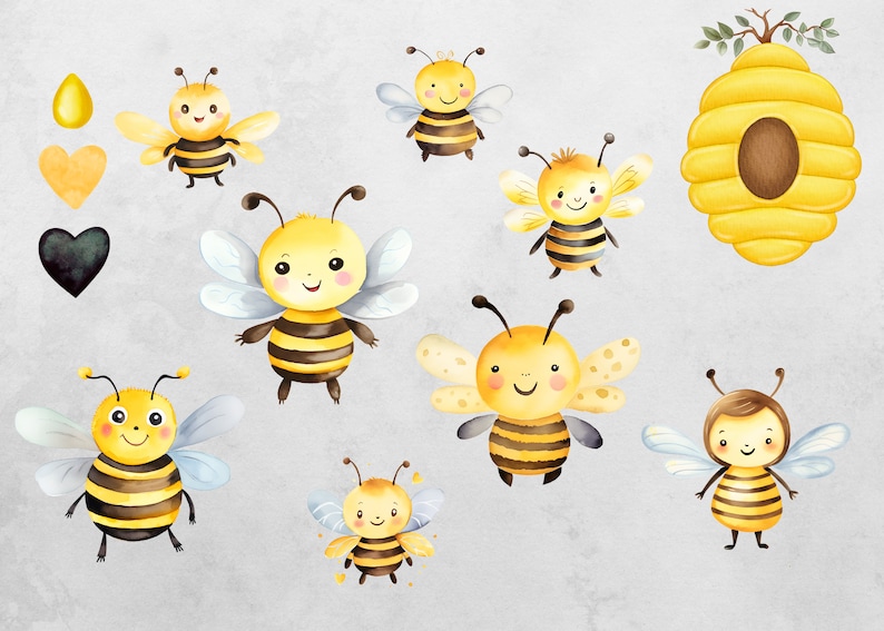 Bee Watercolor Clipart Honey Clipart PNG Cute Honey Bees - Etsy