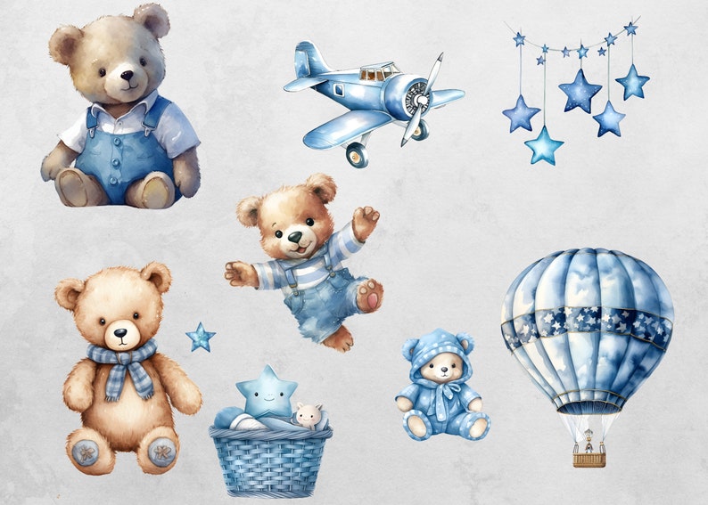 Watercolor Teddy Boy Bear Clip Art Clipart Bundle, Baby Shower Clipart ...